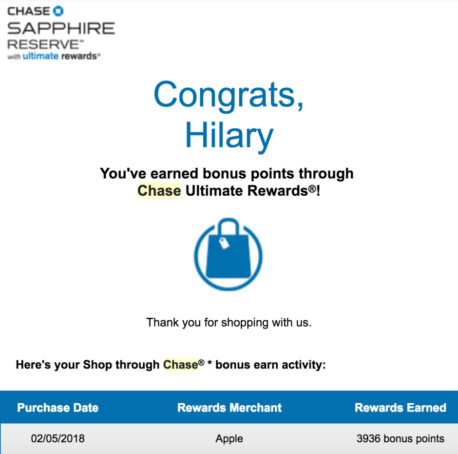 Shop Through Chase: Missing Bonus Points Awarded